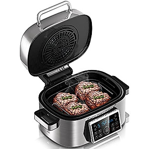 Grill and Air Fryer Combo, CATTLEMAN CUISINE 10-in-1 Indoor Electric Grill, Stainless Steel Air Fryer Grill with Air Grill, Air Fryer, Roast, Bake, Dehydrate, Beef & Fries, 6.5QT, Silver