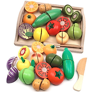 Wooden Cutting Fruit Vegetables Set for Kids - Pretend Play Food Toy Set with Wooden Knife and Tray Learning Toys for Toddlers (Fruit-E)