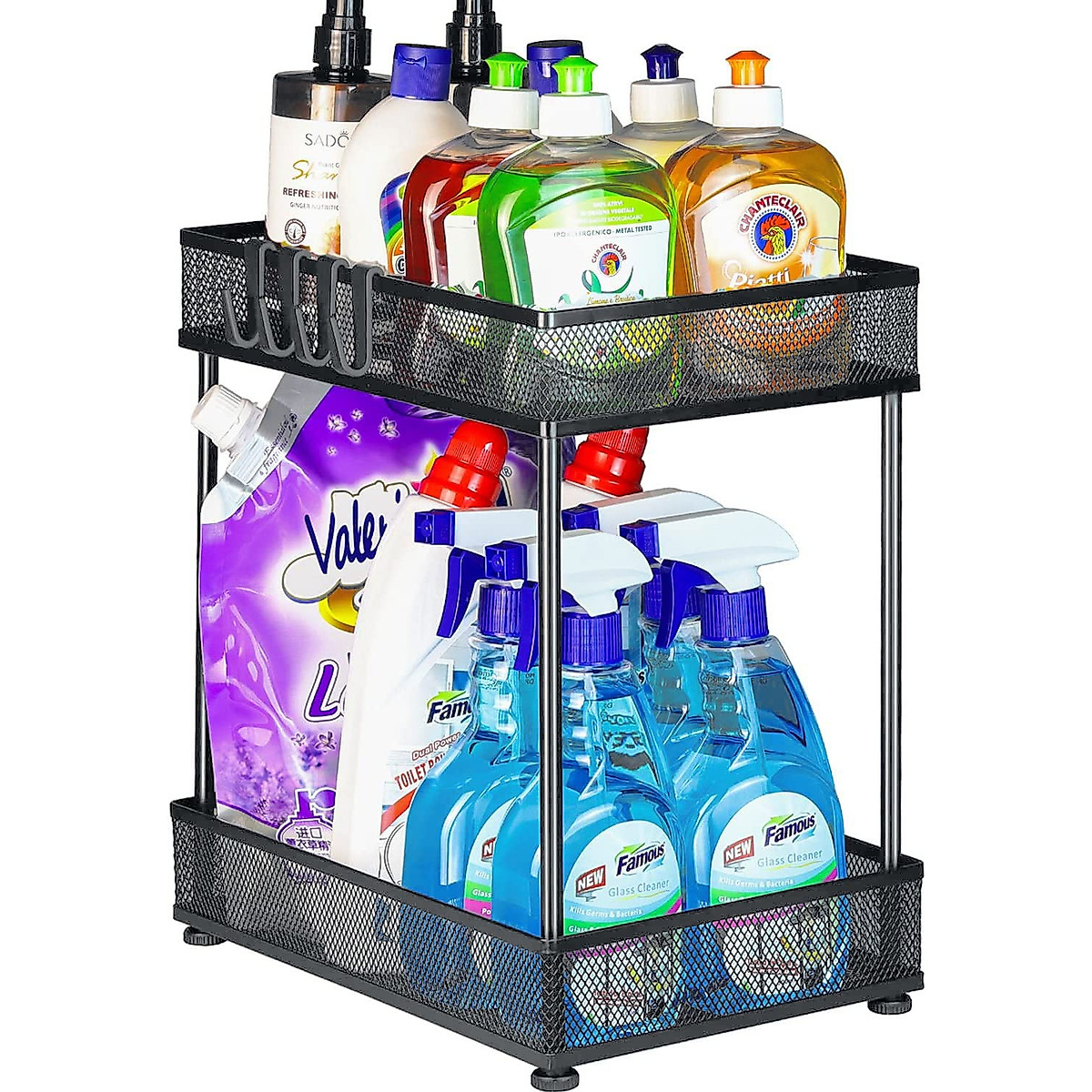 SZJHXIN Under Sink Organizer and Storage, Bathroom Cabinet Organizer, 2 Tier Metal Cabinet Basket Organizer Drawer with 4 Hooks (Black)