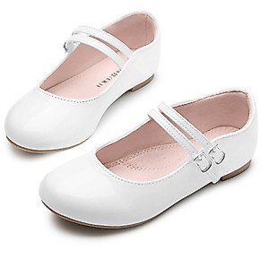 shoeslocker Girls Dress Shoes Mary Jane Flat Shoes for Girl Ballerina Flats for Party Wedding White Size 2