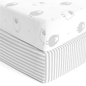 Cuddly Cubs Fitted Crib Sheets Set – 2 Pack – Jersey Cotton Crib Mattress Sheets for Baby Boy, Girl Crib – Grey Stripes, Sheep Toddler Bed Sheets – Fits on Standard 28 x 52 Crib and Toddler Mattress