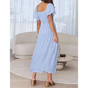 ZESICA Women's Sexy Boho Off Shoulder Puff Short Sleeve High Waist Ruffled Flowy A Line Beach Party Midi Dress,Blue,Medium