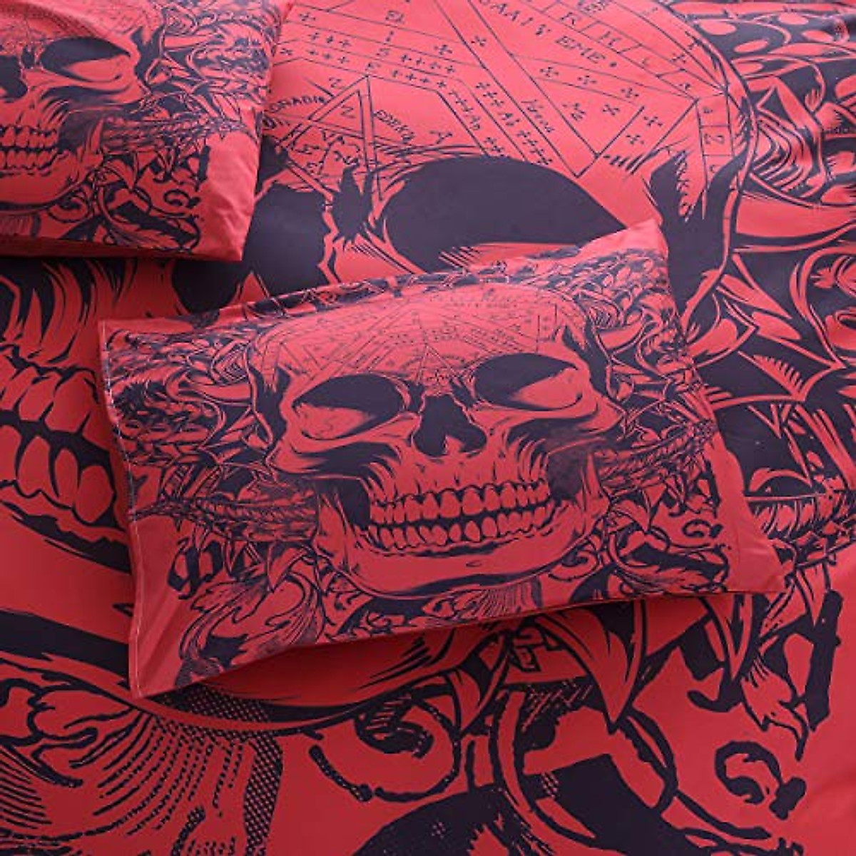 YSJ 3 PCS Skull Twin Full Queen King Duvet Cover Set with Zipper Closure,Ties-Black Red Skull Pattern Printed-King Size Bedding Set Comforter Protector Pillowcases (Queen)