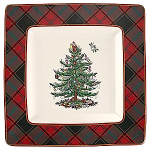 Spode Christmas Tree Tartan Square Platter | Serving Platter for the Holidays | Christmas Serving Dishes for Entertaining - Fine Bone China | Serving Platters for Serving Food - 10 Inches