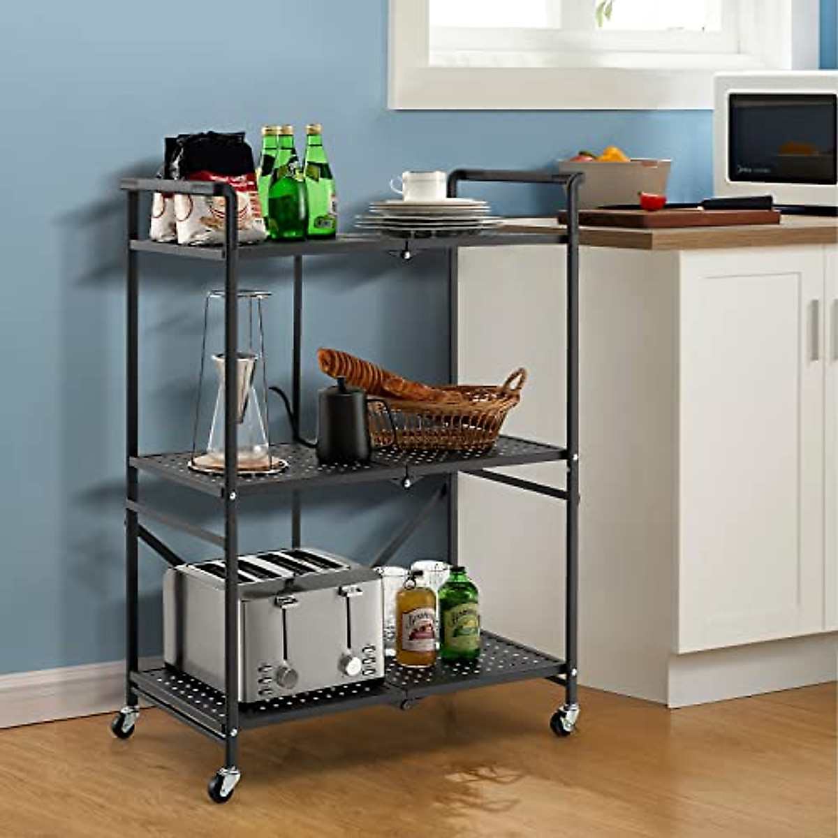 Tangkula 3-Tier Foldable Storage Shelves, Steel Storage Rack with 2 Handles, 4 Caster Wheels and Hook Buckle, Collapsible Utility Cart for Garage Kitchen, 3-Shelf Metal Shelving Units (1, Black)