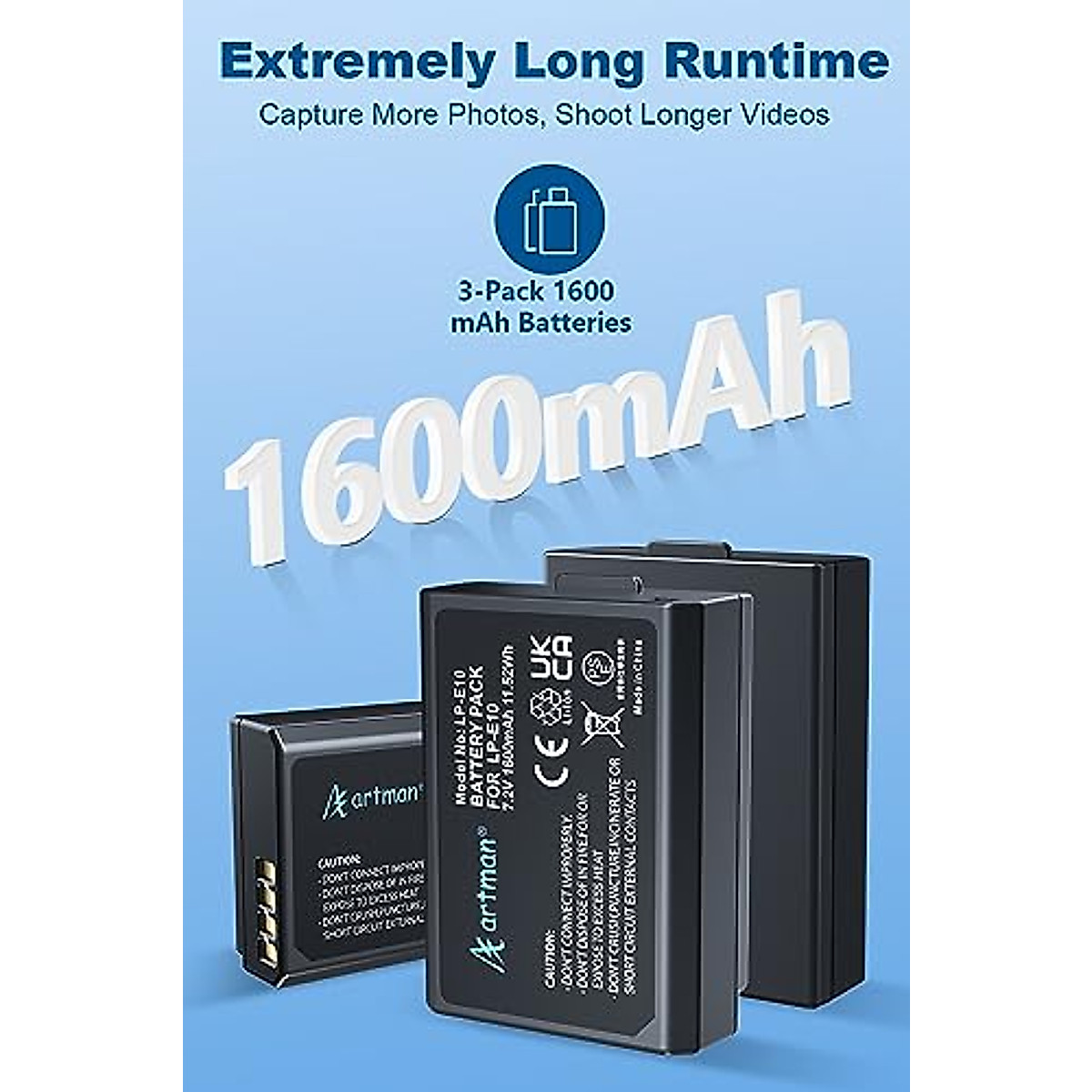 Artman 3-Pack LP-E10 Batteries 1600mAh and 3-Slot LCD Charger Pack for Canon EOS Rebel T7 T6 T5 T3 T100 Kiss X50 Kiss X70 EOS 1100D 1200D 1300D 2000D Digital Cameras