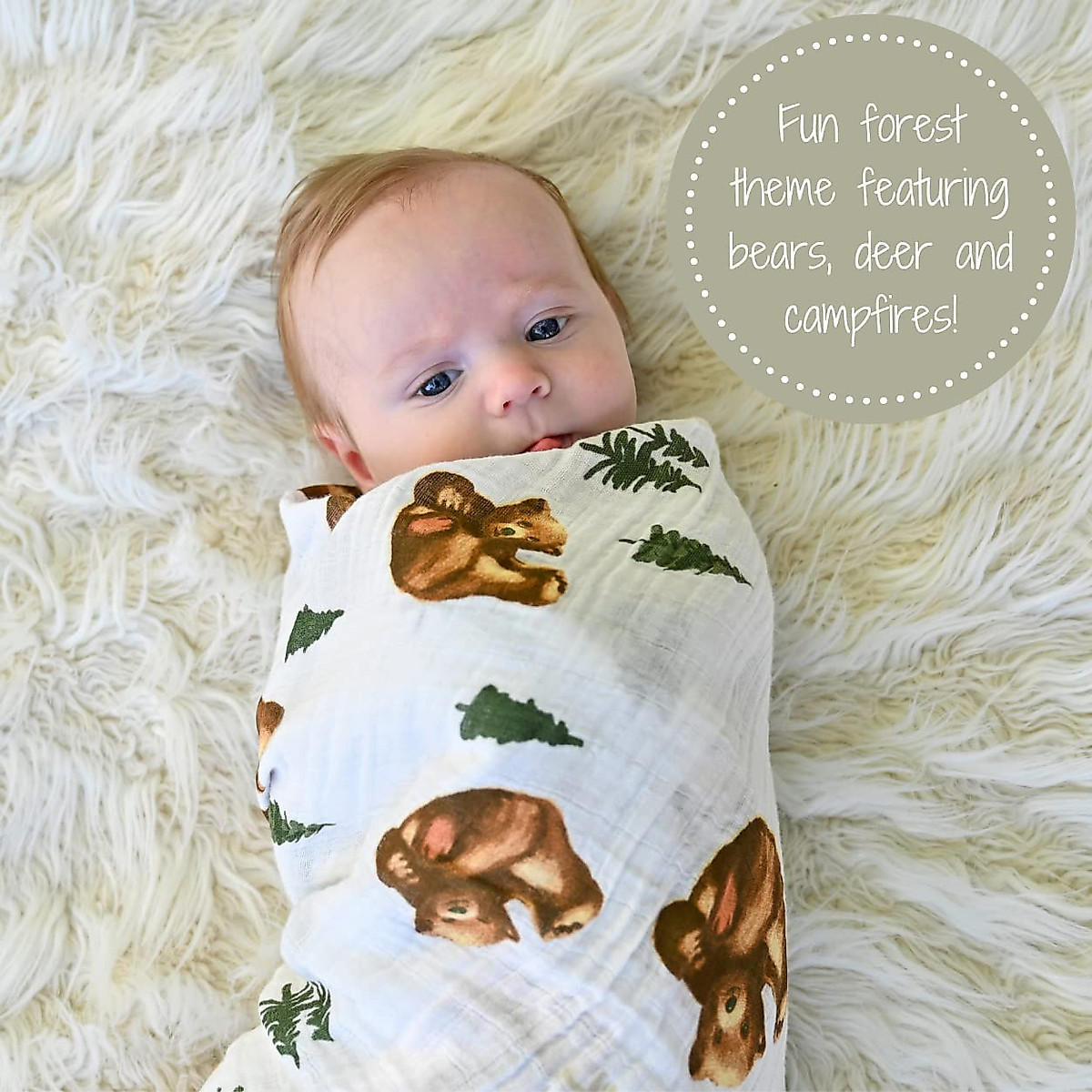 LollyBanks 100% Cotton Muslin Swaddle Forest Baby Blanket Set, Deer, Bear, and Pine Tree Pattern | Boy Receiving Blankets Pack of 3 Breathable Security Swaddles