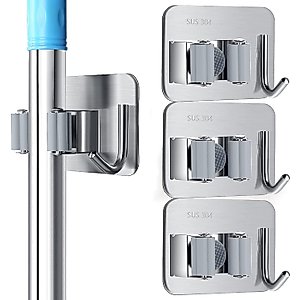 HUOWUSS Broom Mop Holder, 3PCS Sturdy Broom Holder Wall Mount, 304 Metal Stainless Steel Broom Holder and Storage, Utility Storage Rack Heavy Duty Tools Hanger for Home Office Closet & Garden