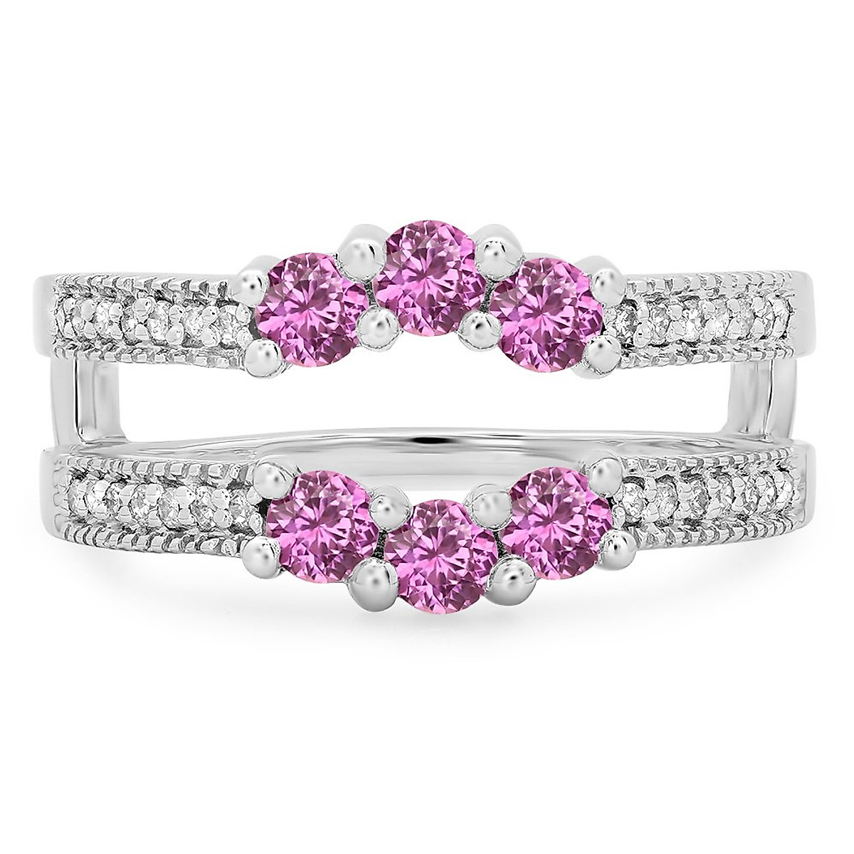 Dazzlingrock Collection 14K Pink Sapphire & White Diamond Wedding Band 3 Stone Enhancer Guard Ring, White Gold, Size 7