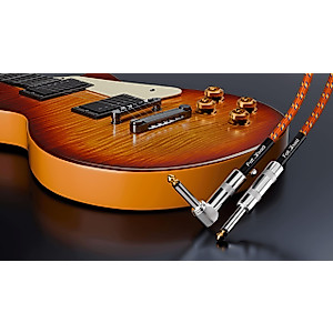 Fat Toad Guitar Cable Right Angled to 1/4 Straight-End Instrument Cord Tweed Cloth Jacket Braided Woven 20FT Quarter Inch Gold Jack TS for Electric Guitar, Bass, Keyboards | Shielded 24 AWG Patch