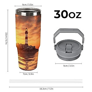 STVNKML 30 Oz Tumbler with Handle And Straw, Sea Lighthouse in Sunset Leakproof Stainless Steel Water Bottle for Hot & Cold Drinks 24 Hours, Car Cup Holder Friendly, Travel Mug for Home, Office, Gym