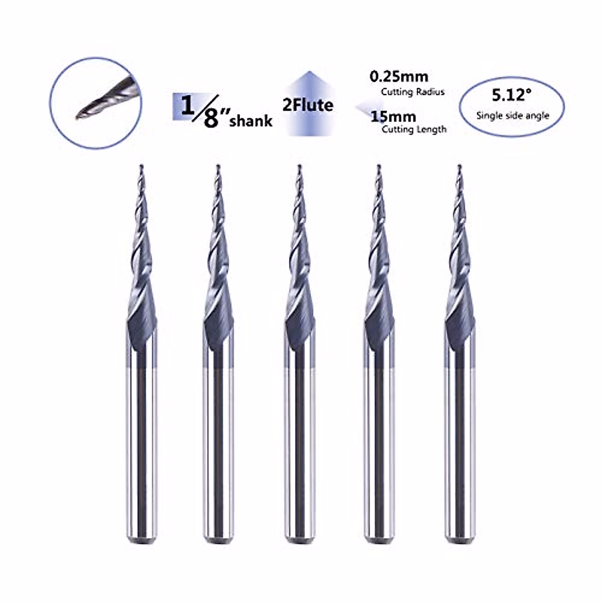 SpeTool 5Pcs Tapered Ball Nose Carving End Mill 1/8 inch Shank 0.25MM Radius (0.5MM Diameter) Tips 3D Woodworking Tool CNC Router Bits
