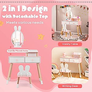 KOTEK Kids Vanity Set with Mirror, Wooden Princess Makeup Dressing Table with Stool, 2 Storage Drawers & Display Shelf, Girls Pretend Play Vanity for Toddler (White)