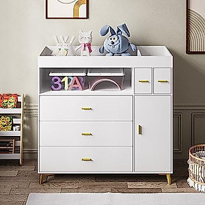 PakaLife Changing Table with Drawers, White Drawer Dresser,Changing Table Dresser with 5 Drawer & Cabinet