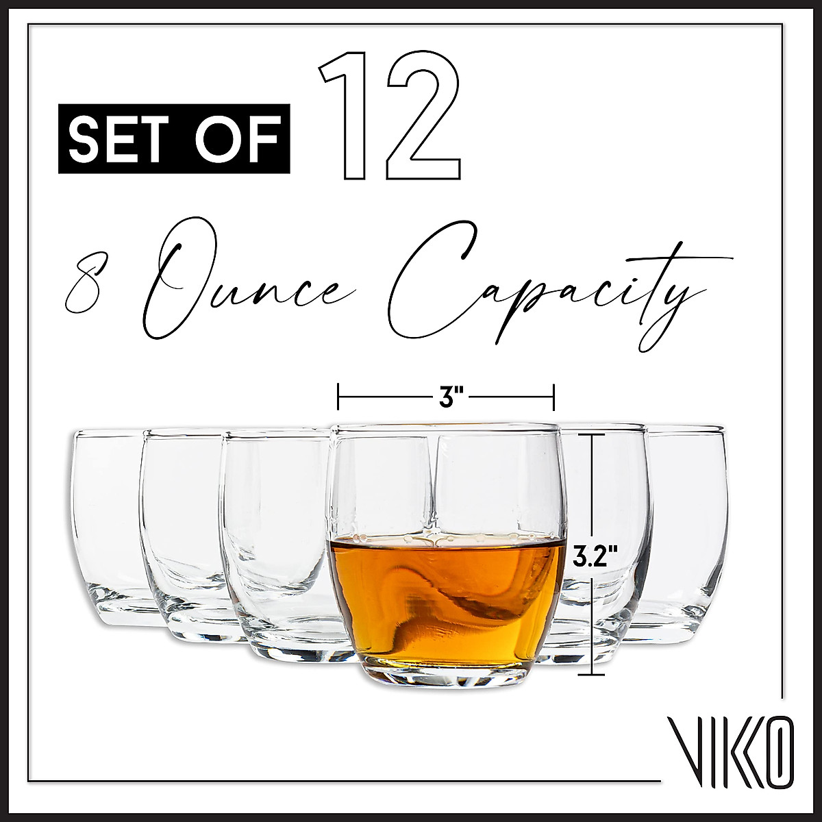 Vikko 8.3 Ounce Drinking Glasses | Thick and Durable Glass – For Water, Juice, Soda, or Wine – Dishwasher Safe – Set of Twelve Small Clear Glass Tumblers – 2.9” Diameter x 3.2” Tall