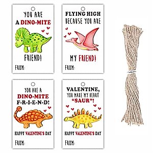 Valentine's Day Gift Tag, Dinosaur Theme Valentine Hang Tags with Strings(40 Pack), Happy Valentine's Day Hang Tags Gift Wrapping Decorations and Supplies for Boys Girls(QRJDP-002)