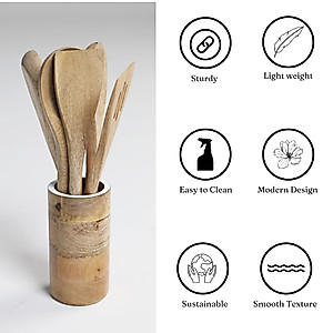 The Art Box Wooden Cooking Spoon Utensils Set of 5 - Kitchen Serving Tools Non-Stick Cookware12 Inch Wooden Fork, Corner Spoon, Slotted Turner, Spoon, Spatula For Baking, BPA Free, White