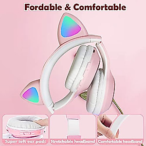 OONOL Kids Wireless Bluetooth Headphones, LED Light Over Ear Foldable Headphone with Microphone and Wired for Girls Women (Pink)