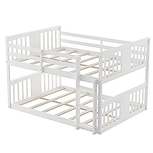 CITYLIGHT Floor Full Over Full Bunk Beds, Wooden Low Full Over Full Bunk Bed for Kids, Toddler Full Bunk Bed for Girls Boys Teens’ Bedroom or Dorm （Full,White）