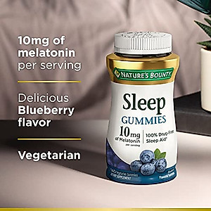 Nature’s Bounty 10 mg Melatonin Gummy, 100% Drug Free Sleep Supplement, 10 mg, Blueberry, 140 Ct
