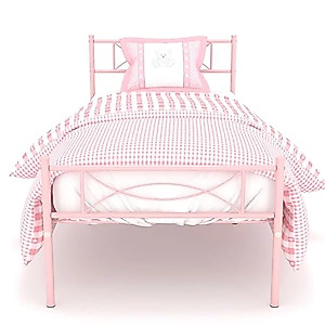 Pink Twin Bed Frame for Girls, Bed Mattress Foundation Support with Headboard and Footboard No Box Spring Need Metal Platform Bed