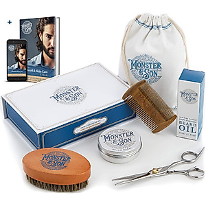 Monster&Son Premium 7-Item Organic Beard Kit - Beard Oil, Beard Balm, Beard Brush, Beard Comb, Scissors, Canvas Travel Bag - Male Grooming Kit in Gift Box - Great Mens Birthday Gift - Father's Day