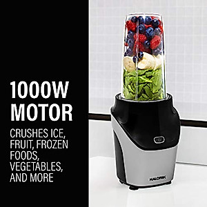 Kalorik NBL 45545 Bullet Blender Set (34 oz | 15.2 oz) High-Speed Portable Fitness Blender Set with Personal Blending Cup, Grinding Cup, Seal Lids, & To-Go Lid | 1000W | Black & Stainless Steel