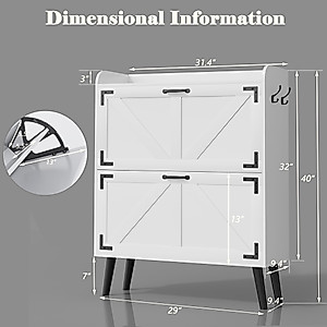 TXGDPIONEER Narrow Shoe Storage Cabinet,Hidden Shoe Cabinet with 4 Wooden Legs,31.5" W Farmhouse Style Freestanding Shoe Rack,White Shoe Cabinet with 2 Flip Drawers for Entryway,Hallways