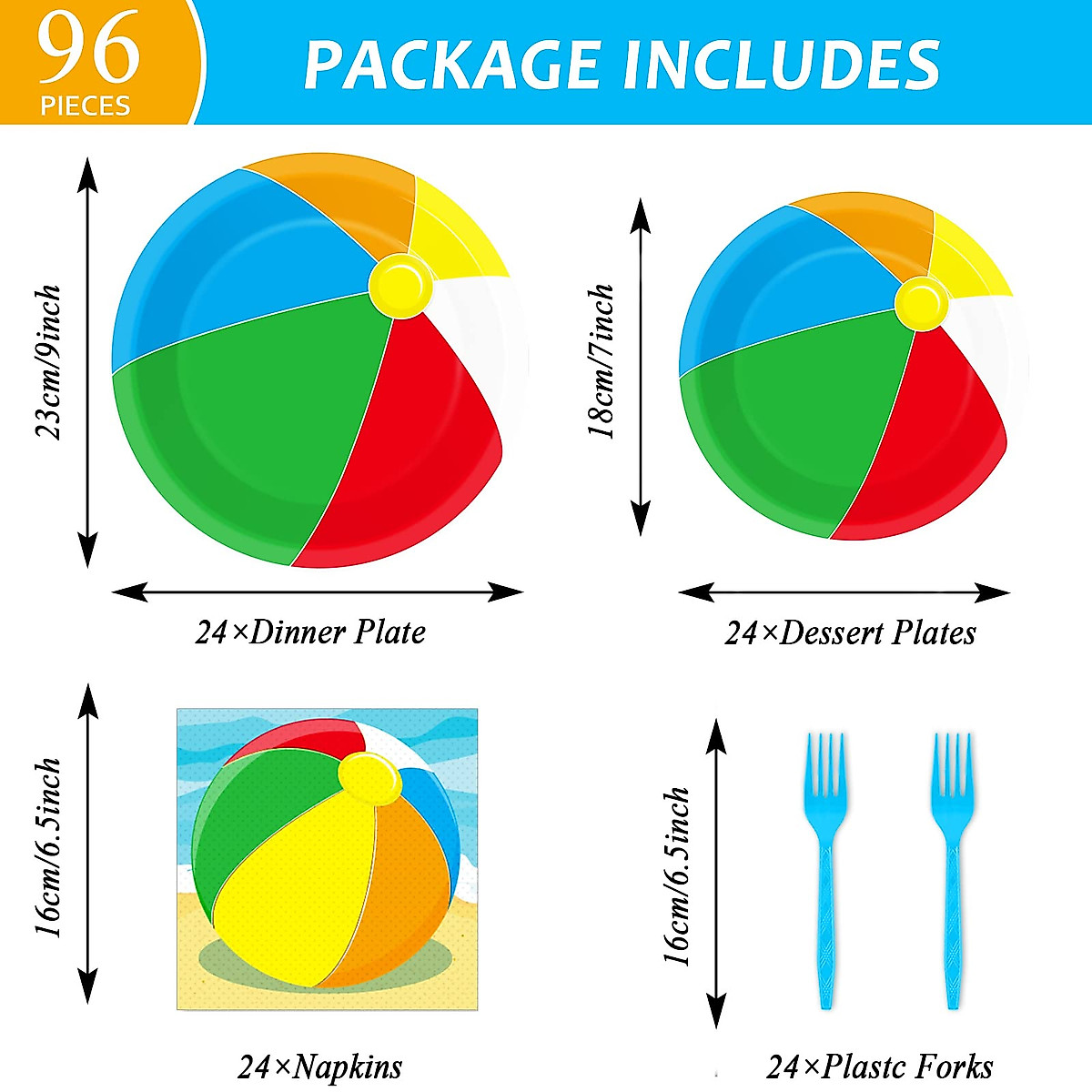 96 Pcs Beach Ball Party Supplies Tableware Summer Pool Ball Party Plates and Napkins Set Beach Birthday Party Favor Decorations For Kids Serves 24