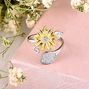 BEILIN Sunflower Ring for Women You are My Sunshine 925 Sterling Silver Adjustable Promise Rings for Daughter Wife Mom