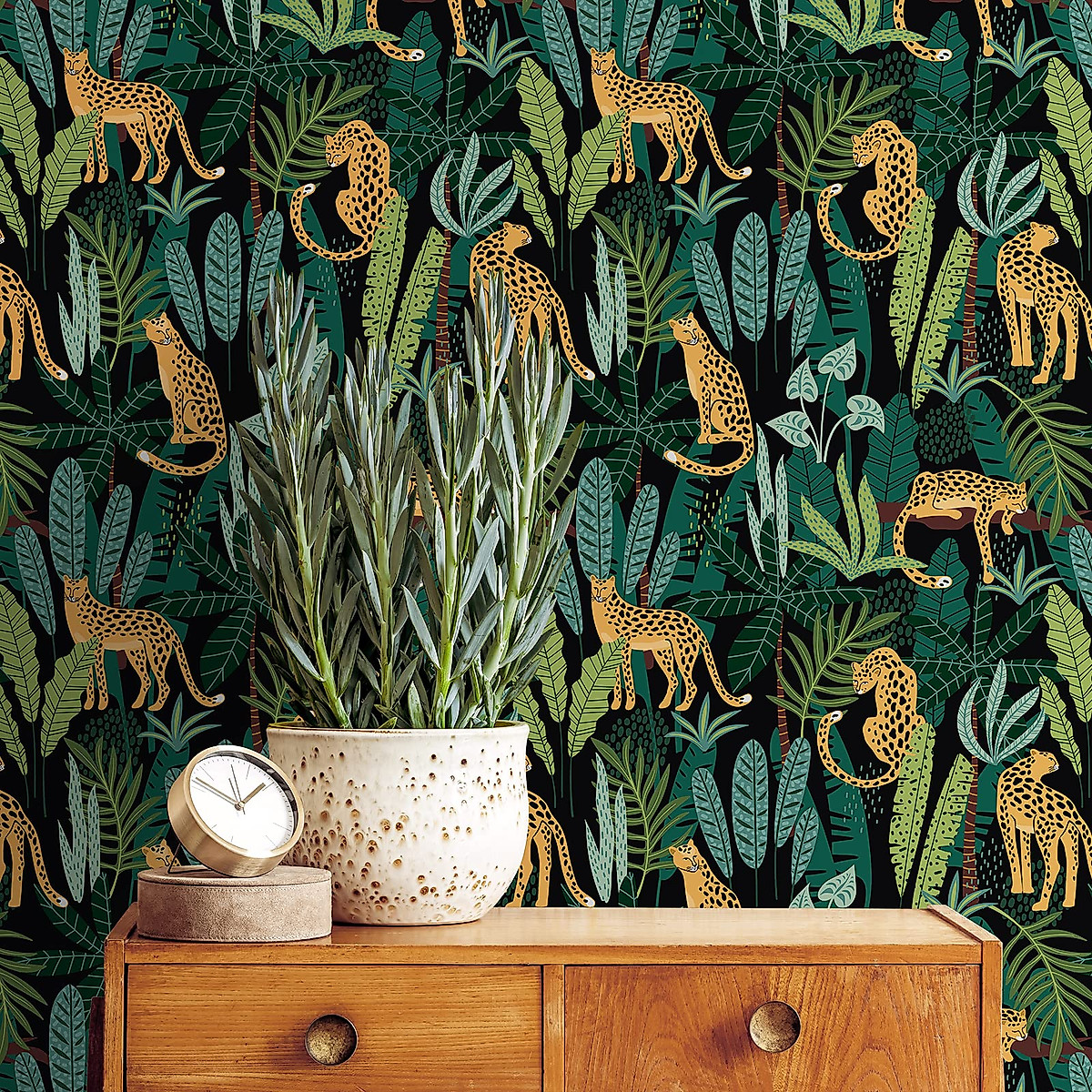 CHIHUT Leopard King Peel and Stick Wallpaper Self Adhesive Removable Jungle Animal Wallpaper Tropical Green Leaf Contact Paper Waterproof Wall Paper Decorative Vinyl Roll for Walls Cabinets 17.7”x100”