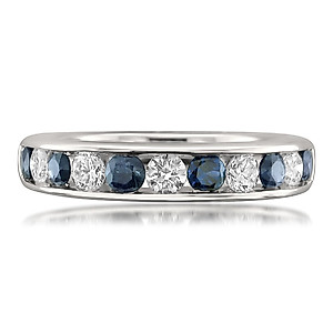 Beyond Brilliance 14K White Gold Round Diamond & Blue Sapphire Wedding Band Ring (1 cttw, I-J, I1-I2), Size 5.5 Size-5.5