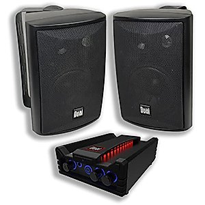 Dual Electronics LU43PB 3-Way High Performance Outdoor Indoor Speakers with Powerful Bass & Dual Electronics DBTMA100 Micro Wireless Bluetooth 2 Channel Stereo Class-D Amplifier