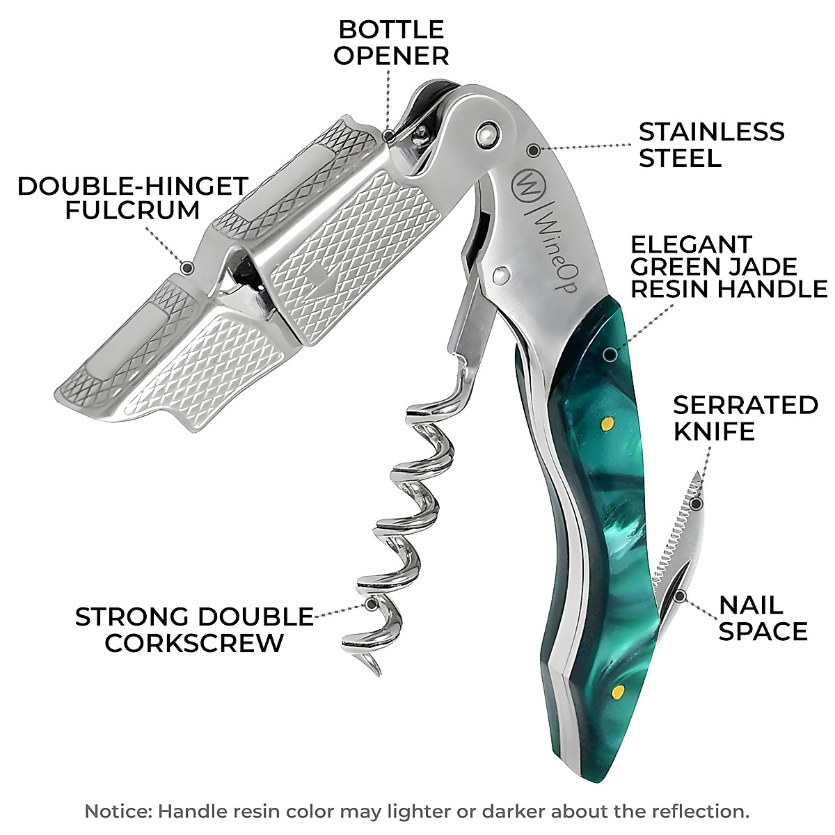 WineOp Professional Wine Key - Luxury Double Hinged Waiter's Corkscrew Wine Bottle Opener, Cork screwer for Sommeliers, Bartenders, Servers, All-In-One Stainless Steel (Green Jade Resin)