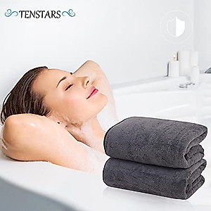 TENSTARS Silk Hemming Bath Towels for Bathroom Clearance - 27 x 55 inches - Light Thin Quick Drying - Soft Microfiber Absorbent Towel for Bath Fitness, Sports, Yoga, Travel, Gym - 2 Pack, Dark Grey