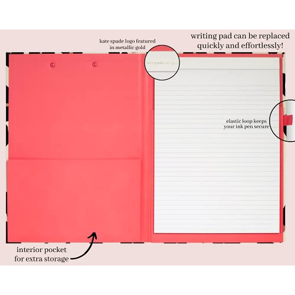 Kate Spade New York Leopard Print Clipboard Folio with Low Profile Clip, Professional Padfolio Includes Lined Notepad, Pen Loop, and Pocket, Forest Feline