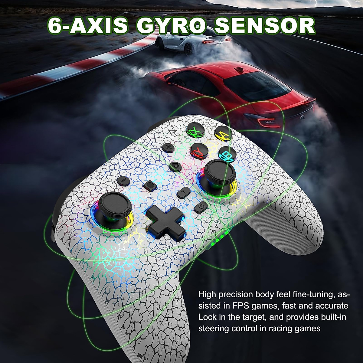 arVin Switch Controller, Wireless Switch Pro Controllers for Switch/Lite/OLED/PS4/PS3/PC/iPhone/Android Remote Gaempad Joystick with Unique Crack/9-Color RGB Light/6-Axis Gyro/Vibration/Turbo/Back Key