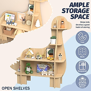 Dinosaur Kids Bookshelf, Wooden Kids Bookshelf and Toy Storage, Wood 4-Tier Montessori Bookshelf for Kids, Durable Bookcase, Eco-Safe Toddler Bookshelf, Toy Organizer for Kids Room, Playroom, Nursery