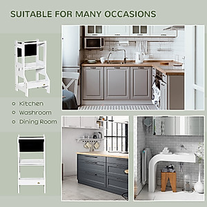 Qaba Kids Kitchen Step Stool, 2 in 1 Kitchen Table Set Toddler Standing Tower with Chalkboard, Safety Rail for Kitchen, Bathroom, Bedroom, White