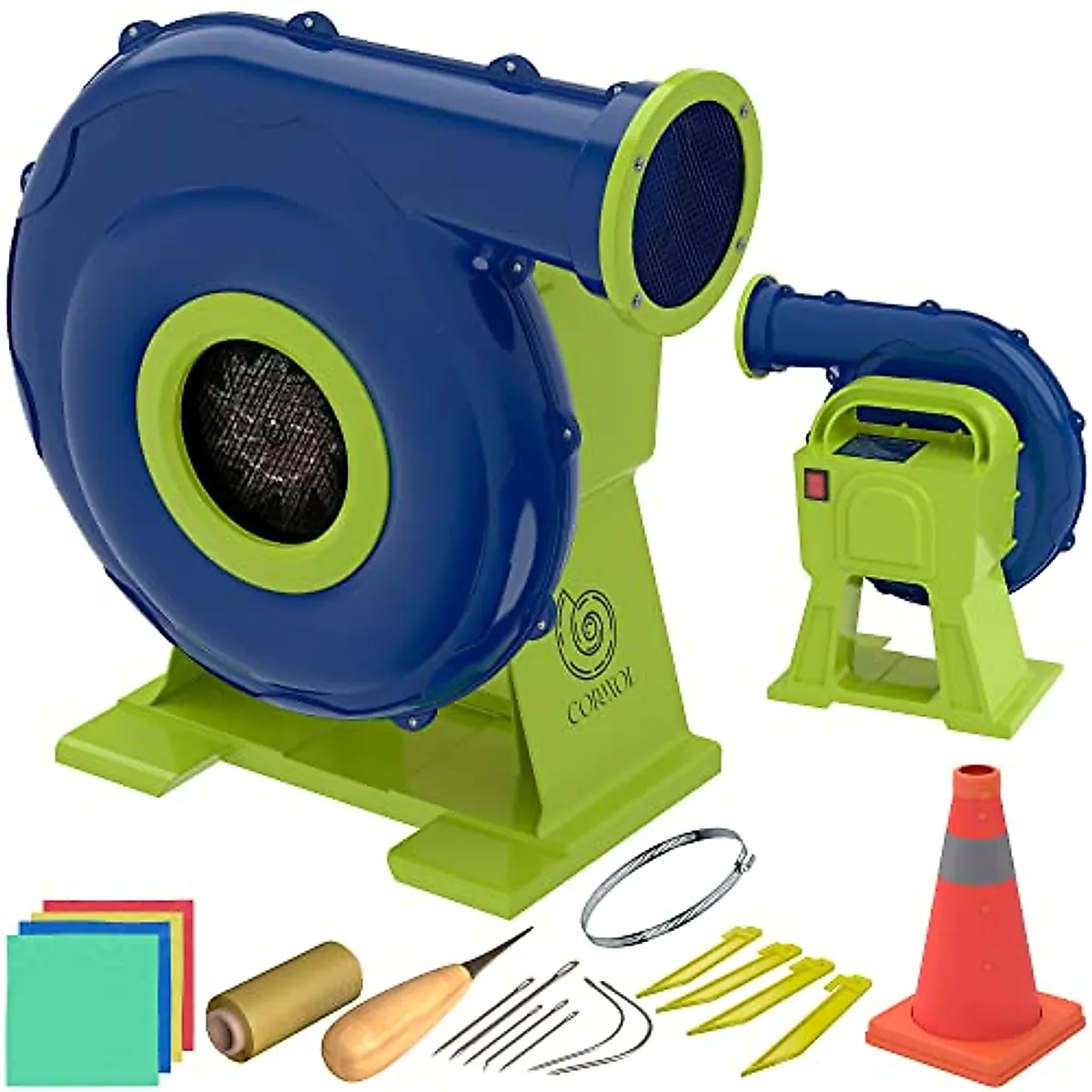 CORAXOL Bounce House Blower – Air Pump for Inflatable House or Castle, 1100 Watt (1.5 HP) Power 12 Feet Supply Cord, Blue and Green, Portable Blower Fan for Inflatable Toys