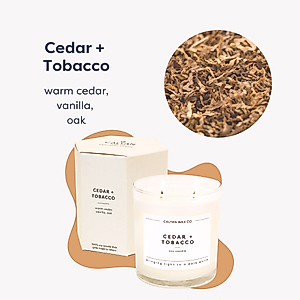 Calyan Wax Co. 2 Wick Candle, Cedar + Tobacco Scented Candle, 37 Hour Burn Time, Aromatherapy Soy Candles, Non Toxic & Vegan Soy Wax, Glass Tumbler Scented Candles, 12.5oz