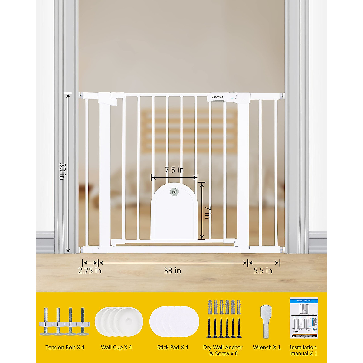 Newnice 40.6" -29.7" Auto Close Baby Gate with Small Cat Door, Easy Walk Thru & Durable Dog Pet Gates for Stairs, Doorway, House, Pressure Mounted Safety Child Gate Includes 4 Wall Cups