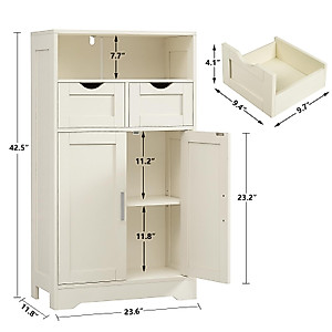 Iwell Tall Storage Cabinet, Bathroom Cabinet with 2 Drawers & 2 Adjustable Shelves, Bathroom Floor Cabinet for Living Room, Home Office, Soft White