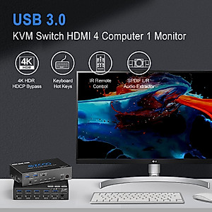 USB 3.0 KVM Switch HDMI 4 Computer 1 Monitor 4K 60Hz SPDIF L/R Hotkey - Share one Set of Keyboard Mouse Printer,1080p 120Hz 144Hz HDCP Bypass,4X USB3.0 Cable,IR Remote Ext. Windows Mac 41KVMP
