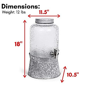 BirdRock Home 2.5 Gallon Pebbled Glass Beverage Dispenser with Galvanized Stand - Lid - Spigot - Decorative Round Jar for Drinks - Lemonade Sangria Tea Water Drink Jar Jug - Home Parties