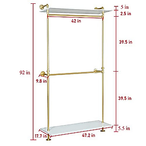 FURVOKIA Modern Simple 2 Tier Industrial Pipe and Wood Garment Rack,Wall Mounted Double Hanging Rods Clothing Rack,Retail Display Storage Clothes Hanging Shelves (One Shelves,Gold, 47.2" L)