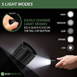 EcoGear FX Zoomable LED Tactical Flashlight Kit TK120X: 5 Light Modes, High Lumen Output, Water Resistant for Security & General Home Use - Batteries and Charger Included