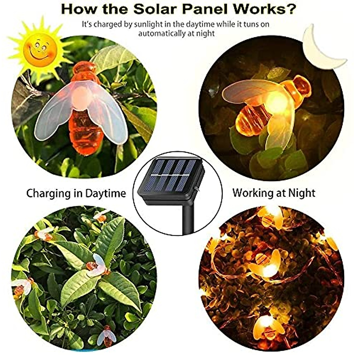 Solar Bee String Lights 2 Pack Each 23Ft Total 100 LED Solar Bee Fairy Lights 8 Modes Copper Wire Lights Waterproof Outdoor String Lights for Garden Patio Gate Yard Party Wedding Indoor Bedroom