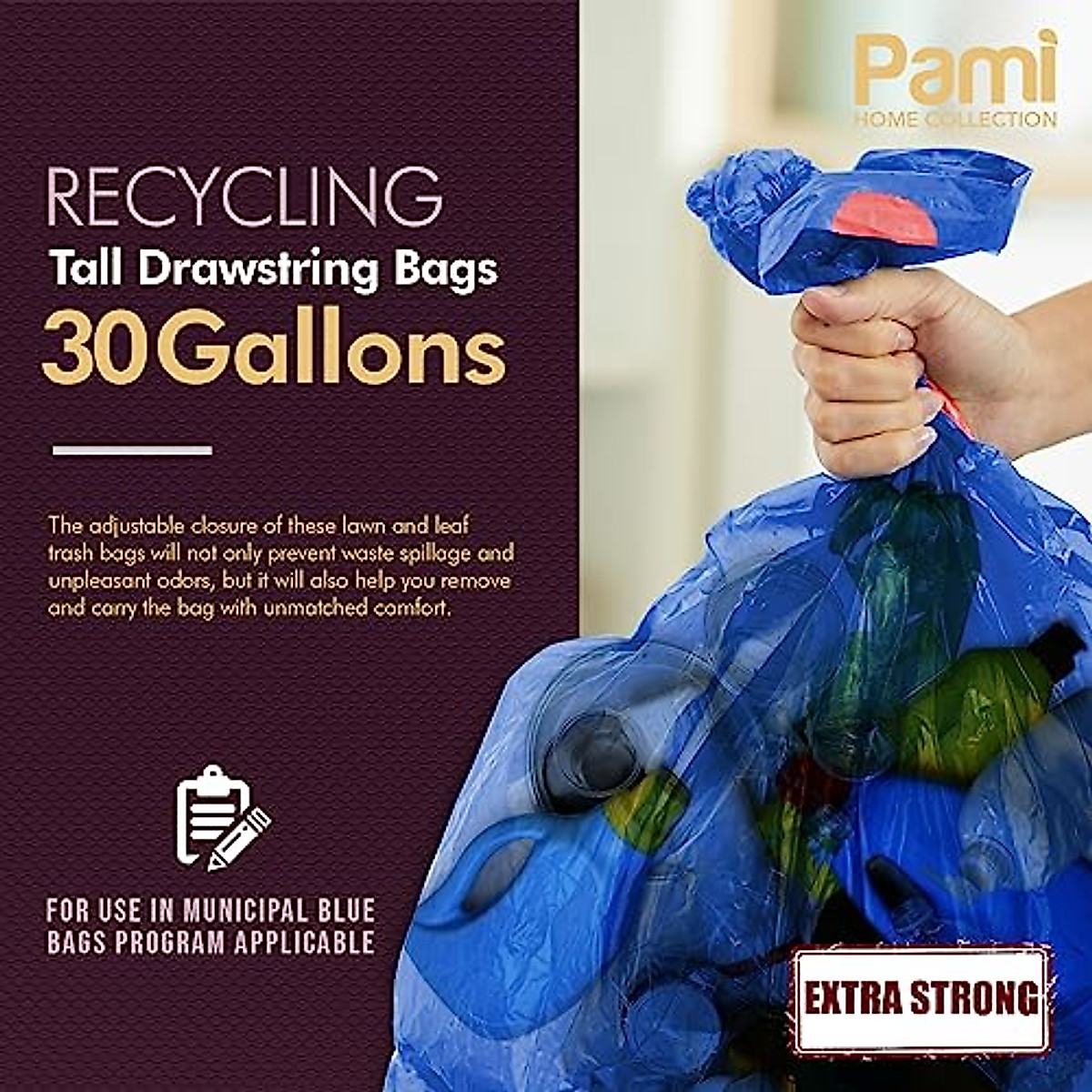 PAMI Recycling Tall 13-Gallon Kitchen Drawstring Trash Bags- Extra-Strong Plastic Garbage Bags [Blue 35 Pack]- Thick Trash Can Liners For Kitchen & Outdoor Bins- 2ft x2ft Unscented Trash Bags