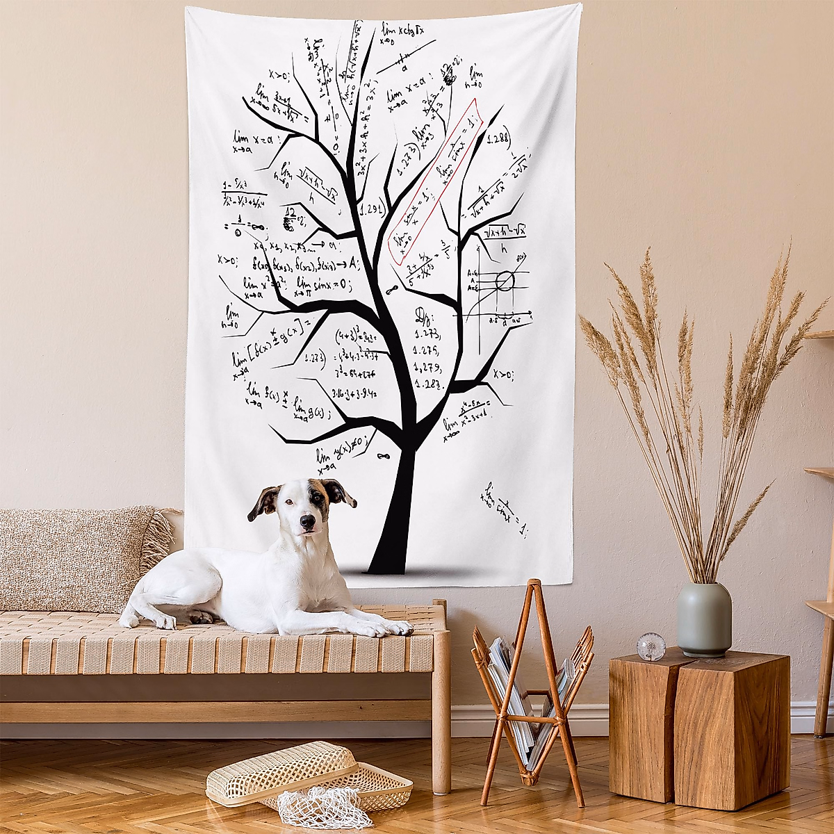 Lunarable Mathematics Room Tapestry King Size, Math Tree Branches Complex Formulas Solution Knowledge Print, Wall Hanging Bedspread Bed Cover Wall Decor, 30" X 45", Black and White